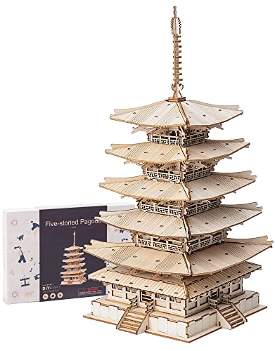 ROBOTIME 3D Puzzle Wooden Craft Kits for Adults DIY Model Building Kit Best Gift for Kids (Five-Storied Pagoda)