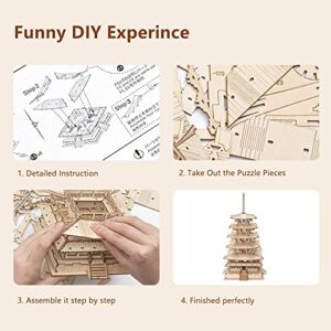 ROBOTIME 3D Puzzle Wooden Craft Kits for Adults DIY Model Building Kit Best Gift for Kids (Five-Storied Pagoda)