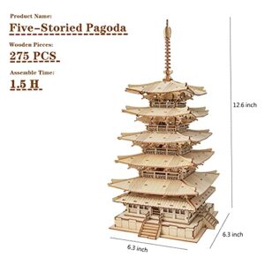 ROBOTIME 3D Puzzle Wooden Craft Kits for Adults DIY Model Building Kit Best Gift for Kids (Five-Storied Pagoda)