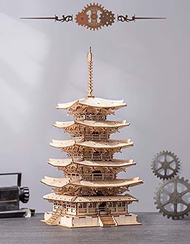 ROBOTIME 3D Puzzle Wooden Craft Kits for Adults DIY Model Building Kit Best Gift for Kids (Five-Storied Pagoda)