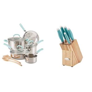 rachael ray create delicious cookware set, 10-piece, stainless steel with light blue handles & ray cucina japanese stainless steel knife kitchen cutlery wooden block set, 6 piece, agave blue