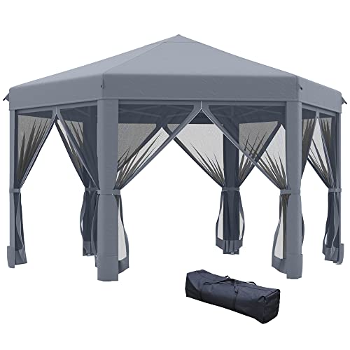 Outsunny 13' x 11' Hexagonal Pop Up Gazebo, Heavy Duty Outdoor Canopy Tent with 6 Mesh Sidewall Netting, 3-Level Adjustable Height and Strong Steel Frame, Gray