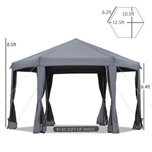 Outsunny 13' x 11' Hexagonal Pop Up Gazebo, Heavy Duty Outdoor Canopy Tent with 6 Mesh Sidewall Netting, 3-Level Adjustable Height and Strong Steel Frame, Gray