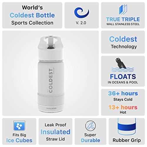 Coldest Sports Water Bottle - Straw Lid Bottle with Handle Leak Proof, Vacuum Insulated Stainless Steel, Double Walled, Thermo Mug, Metal | Epic White 18 oz