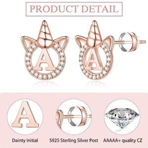 Unicorns Gifts for Girls, S925 Sterling Silver Post Rose Gold Plated Letter A Initial Stud Earrings Cubic Zirconia Hypoallergenic Unicorn Stud Earrings for Girls Women Unicorn Lovers Jewelry for Kids