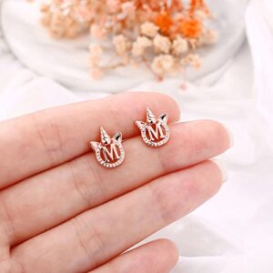 Unicorns Gifts for Girls, S925 Sterling Silver Post Rose Gold Plated Letter A Initial Stud Earrings Cubic Zirconia Hypoallergenic Unicorn Stud Earrings for Girls Women Unicorn Lovers Jewelry for Kids