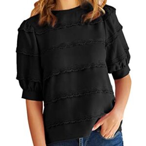 Women's Puff Sleeve Tops Lace Business Casual Work Blouse Plus Size Black XXL