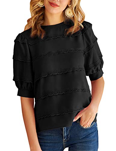 Women's Puff Sleeve Tops Lace Business Casual Work Blouse Plus Size Black XXL