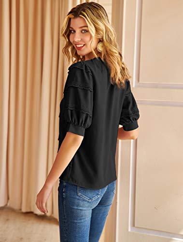 Women's Puff Sleeve Tops Lace Business Casual Work Blouse Plus Size Black XXL