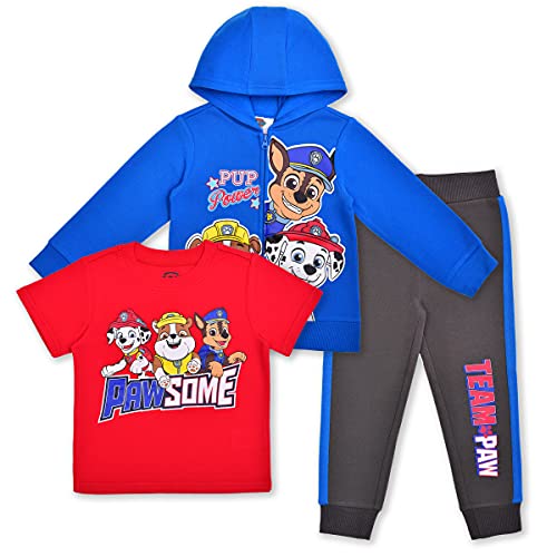 Nickelodeon Paw Patrol Boys T-Shirt, Zip Up Hoodie and Jogger Set for Toddler and Little Kids – Blue/Black/Red