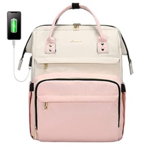 lovevook laptop backpack for women fashion business computer backpacks travel bags purse doctor nurse work backpack with usb port, fits 15.6-inch laptop beige pink