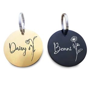 engraving pet id tags, personalized pet id tags birth flower, stainless steel pet id tags, custom engraved dog and cat tags, double sided, round stainless steel - made in usa