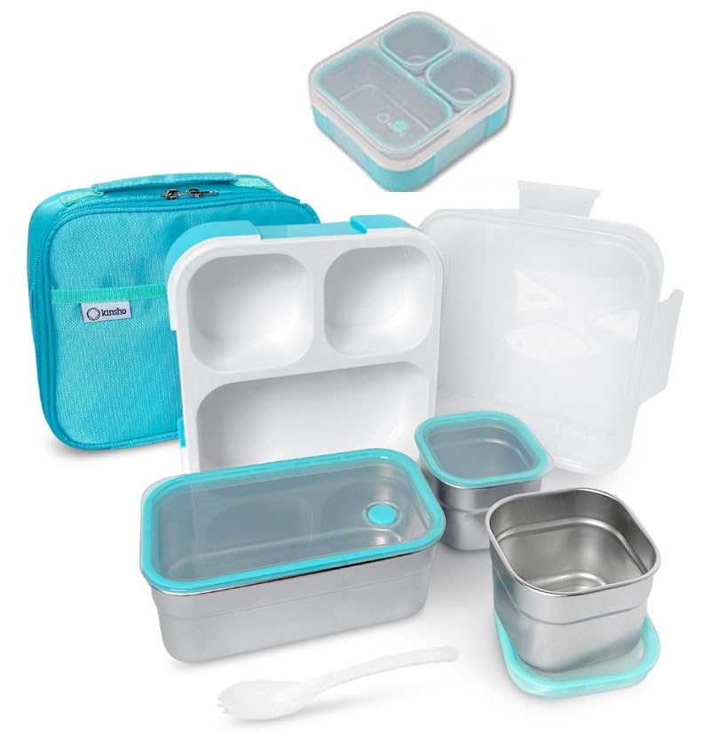 Stainless Steel Lunch Box for Kids Toddler Bento-Box Lunch-Box for Daycare, 3 Compartment Portion Control Containers with Tray for Lunches Snacks - School Travel, 24 oz Teal Blue with Bag Utensil