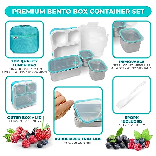 Stainless Steel Lunch Box for Kids Toddler Bento-Box Lunch-Box for Daycare, 3 Compartment Portion Control Containers with Tray for Lunches Snacks - School Travel, 24 oz Teal Blue with Bag Utensil