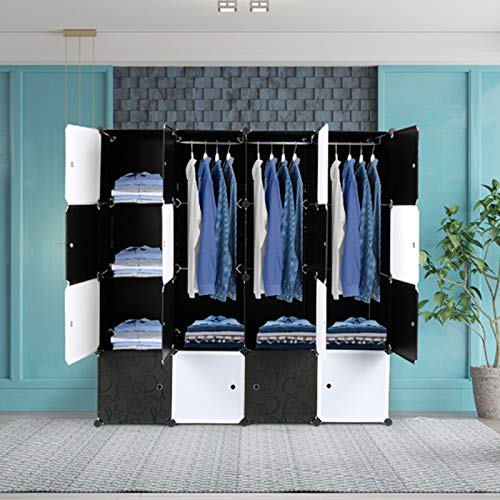 DWLOMHE Wardrobe Cabinets with Doors and Shelves,Modular DIY Plastic Wardrobe, Can be Assembled Freely,4 Layers 16 Grids