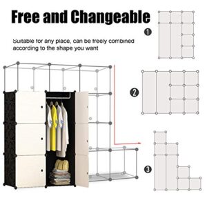 DWLOMHE Portable Cabinets Storage, Plastic Storage Shelf 16 Cubes Organizer DIY Furniture,Storage Organizer with Doors,with 3 Clothes Rails