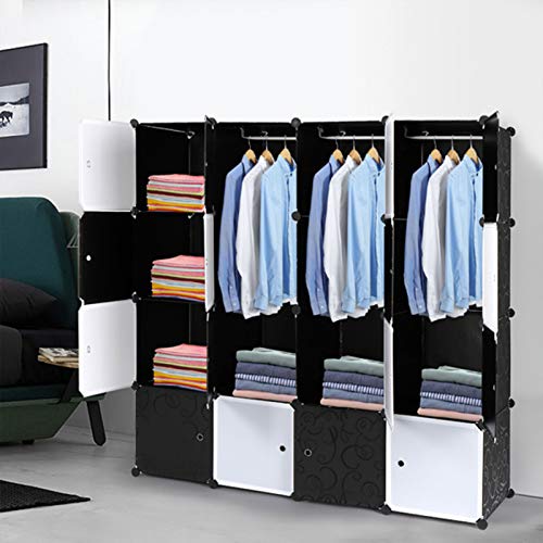 DWLOMHE Portable Cabinets Storage, Plastic Storage Shelf 16 Cubes Organizer DIY Furniture,Storage Organizer with Doors,with 3 Clothes Rails