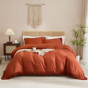 smoofy queen duvet cover terracotta duvet cover queen size, 3 pieces bohemian fringe tufted soft tassel microfiber burnt orange duvet cover with zipper closure (1 rust duvet cover, 2 pillowcases)