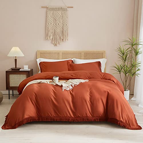 Smoofy Queen Duvet Cover Terracotta Duvet Cover Queen Size, 3 Pieces Bohemian Fringe Tufted Soft Tassel Microfiber Burnt Orange Duvet Cover with Zipper Closure (1 Rust Duvet Cover, 2 Pillowcases)