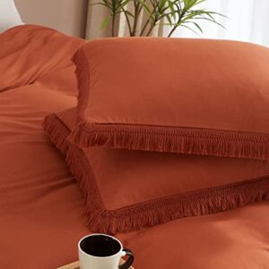 Smoofy Queen Duvet Cover Terracotta Duvet Cover Queen Size, 3 Pieces Bohemian Fringe Tufted Soft Tassel Microfiber Burnt Orange Duvet Cover with Zipper Closure (1 Rust Duvet Cover, 2 Pillowcases)