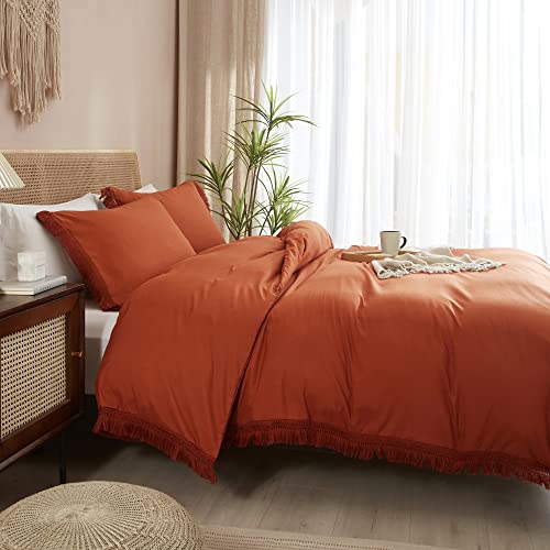 Smoofy Queen Duvet Cover Terracotta Duvet Cover Queen Size, 3 Pieces Bohemian Fringe Tufted Soft Tassel Microfiber Burnt Orange Duvet Cover with Zipper Closure (1 Rust Duvet Cover, 2 Pillowcases)