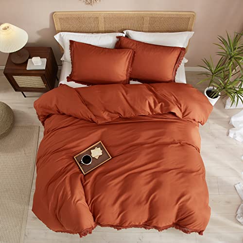 Smoofy Queen Duvet Cover Terracotta Duvet Cover Queen Size, 3 Pieces Bohemian Fringe Tufted Soft Tassel Microfiber Burnt Orange Duvet Cover with Zipper Closure (1 Rust Duvet Cover, 2 Pillowcases)