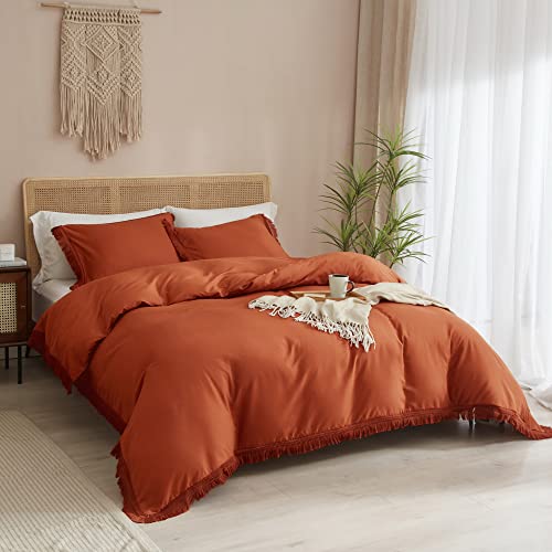 Smoofy Queen Duvet Cover Terracotta Duvet Cover Queen Size, 3 Pieces Bohemian Fringe Tufted Soft Tassel Microfiber Burnt Orange Duvet Cover with Zipper Closure (1 Rust Duvet Cover, 2 Pillowcases)