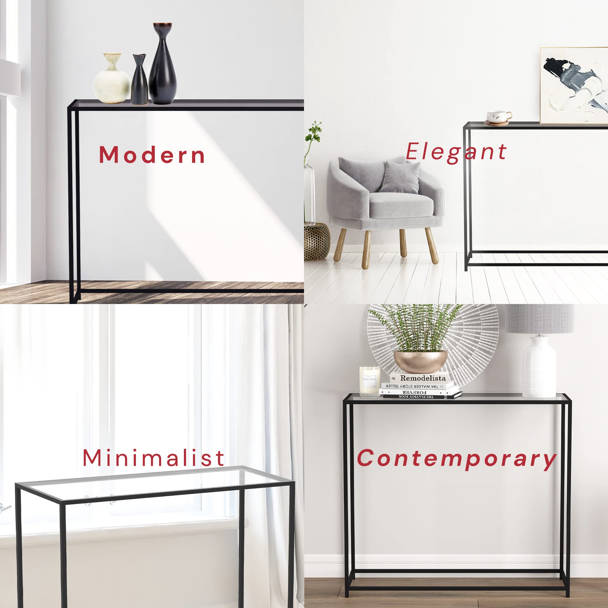 Safdie & Co. - Metal Console Table with Glass, Black Console Tables for Entryway, Use As Doorway Table, Narrow Bar Table, or Accent Furniture for Decorating Foyer, 12 x 28 x 31 Inches