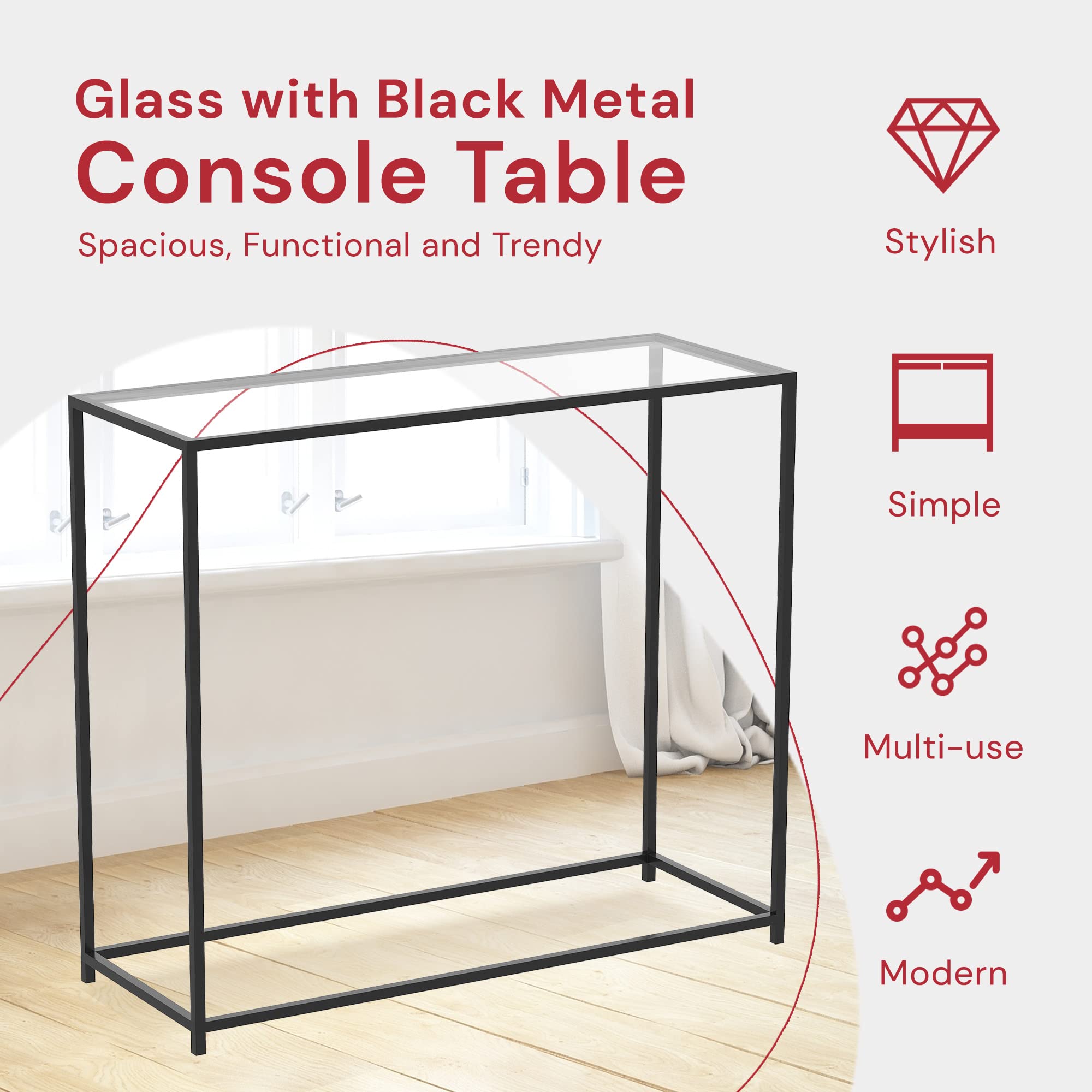 Safdie & Co. - Metal Console Table with Glass, Black Console Tables for Entryway, Use As Doorway Table, Narrow Bar Table, or Accent Furniture for Decorating Foyer, 12 x 28 x 31 Inches