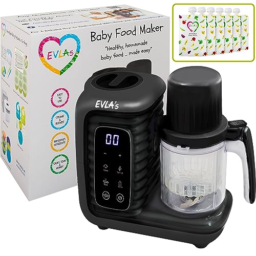 EVLA'S Double Baby Food Maker, Food Processor with 2 Steaming Baskets, Blender, Grinder, Steamer, Cooks & Blends Healthy Homemade Baby Food in Minutes, Touch Screen Control, with 6 reusable food pouches, Dark Gray