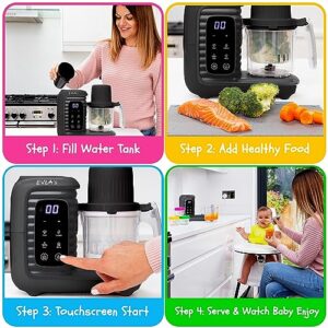 EVLA'S Double Baby Food Maker, Food Processor with 2 Steaming Baskets, Blender, Grinder, Steamer, Cooks & Blends Healthy Homemade Baby Food in Minutes, Touch Screen Control, with 6 reusable food pouches, Dark Gray