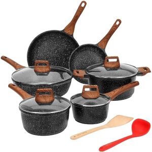 eslite life nonstick cookware sets, 12 pcs granite coating pots and pans set kitchen cooking set, compatible with all stovetops (gas, electric & induction), pfoa free