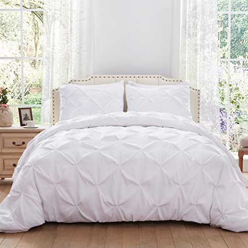 SunStyle Home Pinch Pleated Duvet Cover White 2 Pieces Twin Duvet Covers Soft Microfiber Luxury Duvet Cover with Zipper Closure & Corner Ties for All Season(1 Duvet Cover, 1 Pillow Sham)