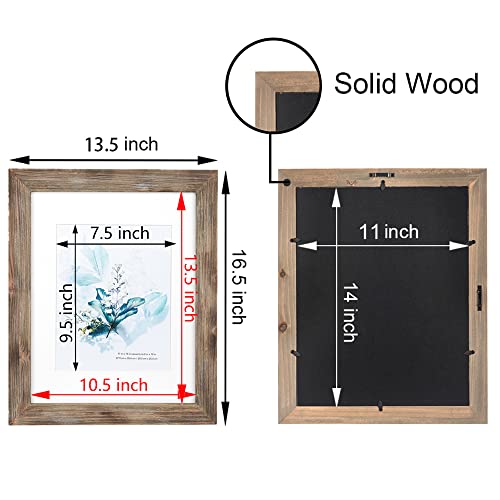 KAIWIN 100% Solid Wood Brown 11x14 Picture Frame 1 Pack Display Picture 8x10 with Mat, HD Glass Inside, Rustic Wooden Photo Frames for Wall Mounting