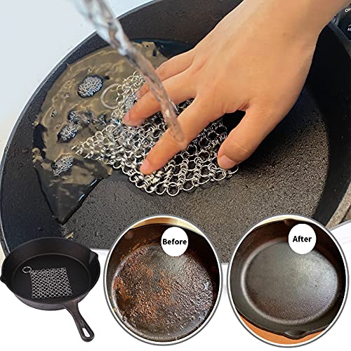 2Pack Cast Iron Cleaner Stainless Steel Chain Mail Scrubber, Iron Skillet Scrub Brush for Pan Pot Chain Scrubber Cleaning Dutch Ovens Carbon Steel Wok Grill Pan, Chain Mail to Clean Castiron by Herda