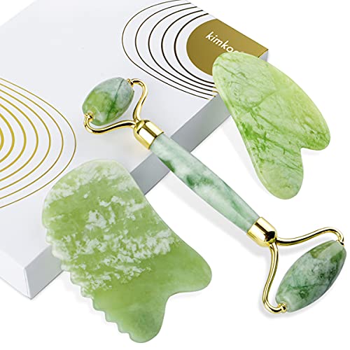 Kimkoo Jade Roller and Gua Sha Set,100% Real Natural Jade Stone,Facial Sculpting and Lymphatic Drainage,