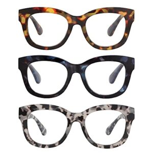 amomoma 3 pack retro oversized reading glasses for women blue light blocking computer readers spring hinge am6003 with brown+blue+grey tortoise frame 2.00 x