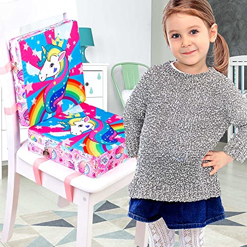 2PCS Toddler Booster Seat for Dining Table, Chair Increasing Cushion for Baby Kids, Washable Thick Chair Seat Pad Mat Strap, Portable Dismountable Adjustable Highchair Booster - Unicorn