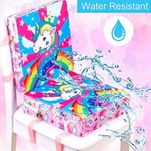 2PCS Toddler Booster Seat for Dining Table, Chair Increasing Cushion for Baby Kids, Washable Thick Chair Seat Pad Mat Strap, Portable Dismountable Adjustable Highchair Booster - Unicorn