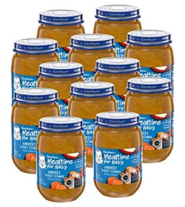 gerber mealtime for baby 3rd foods baby food jar, harvest turkey dinner, advanced texture with no artificial flavors or colors, 6 oz glass jar (pack of 12)