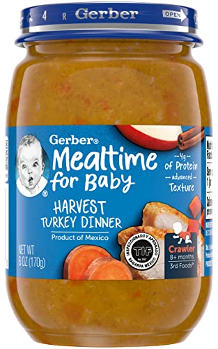 Gerber Mealtime for Baby 3rd Foods Baby Food Jar, Harvest Turkey Dinner, Advanced Texture with No Artificial Flavors or Colors, 6 OZ Glass Jar (Pack of 12)