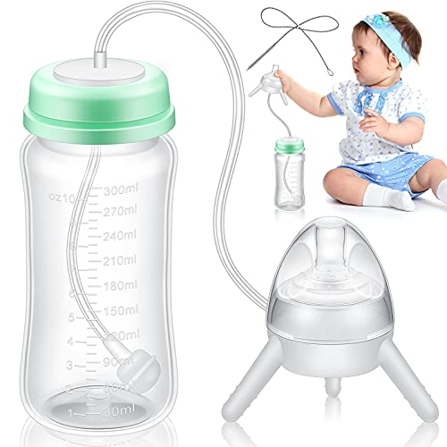 Nuanchu 10 Ounce Self Feeding Baby Bottle with Long Tube Straw Cute Leak-Proof Baby Feeder Bottle Imitation Milk Weaning Baby Supply (Mint Green)