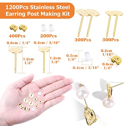 Earring Posts Stainless Steel, Flasoo 1200Pcs Hypoallergenic Earring Posts and Backs, Gold Flat Pad Earring Studs with Clutch for Earring Making and DIY Stud Earring Supplies