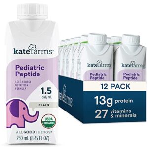 kate farms organic vegan plant based pediatric peptide 1.5 formula, unflavored plain, sole-source nutrition, organic enzymatically hydrolyzed plant-based protein drink, meal replacement for oral or tube feeding, 8.45oz. (pack of 12)