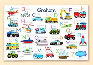 vehicle alphabet personalized placemat, by art appeel, 18" x 12" inches, laminated