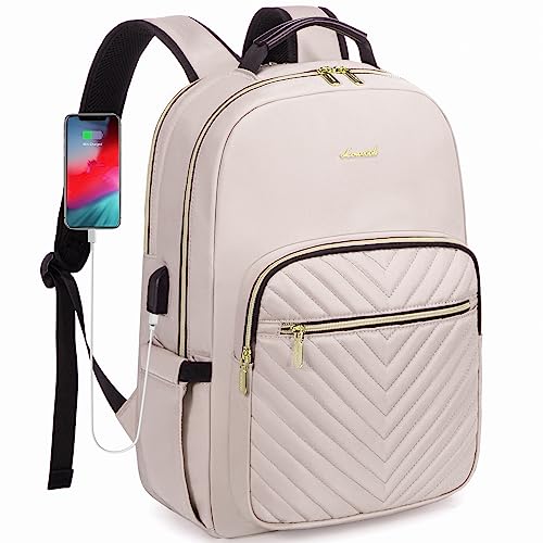 LOVEVOOK Laptop Backpack Purse for Women, Work Business Travel Computer Bags, College Nurse Backpack for Womens, Quilted Casual Daypack with USB Port, Fit 15.6 Inch Laptop, Antiquewhite