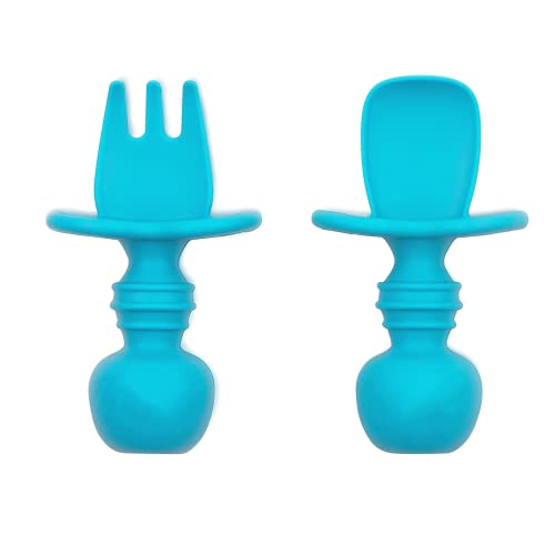 BABY DROM Silicone Baby Utensils Feeding Set - First Stage Baby Fork and Spoon for Self Feeding - Baby Led Weaning Utensils - 100% Food Grade Silicone, BPA Free - Ages 6 Months+ (Turquoise)