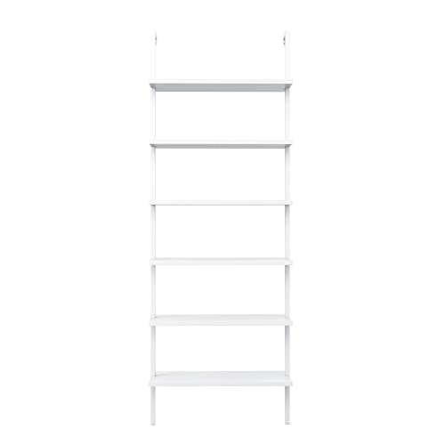 Nathan James Theo 6-Shelf Tall Modern Bookshelf, Wall Mount Ladder Shelf Bookcase with Wood and Industrial Metal Frame, Matte White