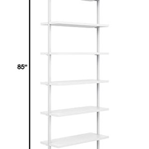 Nathan James Theo 6-Shelf Tall Modern Bookshelf, Wall Mount Ladder Shelf Bookcase with Wood and Industrial Metal Frame, Matte White