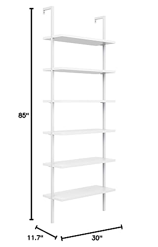 Nathan James Theo 6-Shelf Tall Modern Bookshelf, Wall Mount Ladder Shelf Bookcase with Wood and Industrial Metal Frame, Matte White